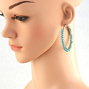 Chmuen Faux Turquoise Beaded Hoop Earrings Vintage Stainless Steel Big Earrings (50mm, Silver tone)