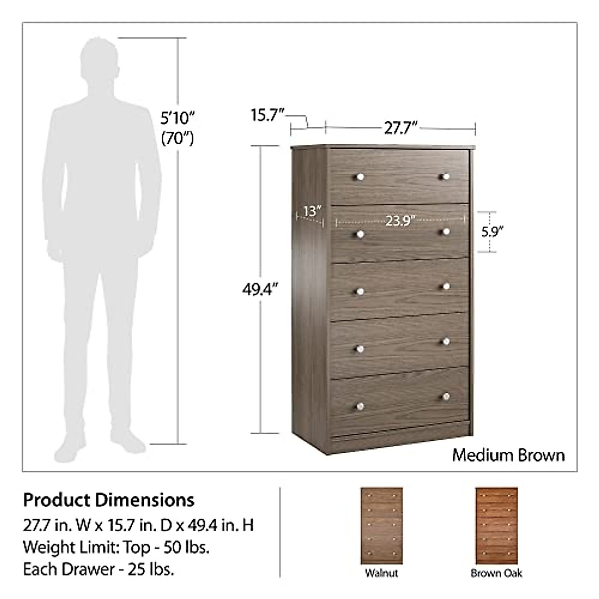 Ameriwood Home Ellwyn Tall 5 Drawer Dresser in Medium Brown