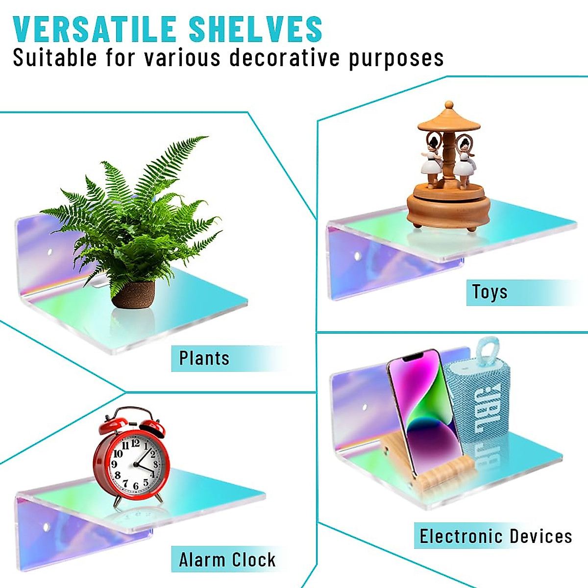 4 Pack Rainbow Iridescent Acrylic Floating Shelves for Wall Mounted - Durable Floating Shelf, Space Saving Display for Dazzling Home Decor, Living Room, Bedroom, Bathroom, Kitchen, Office & Kids Room