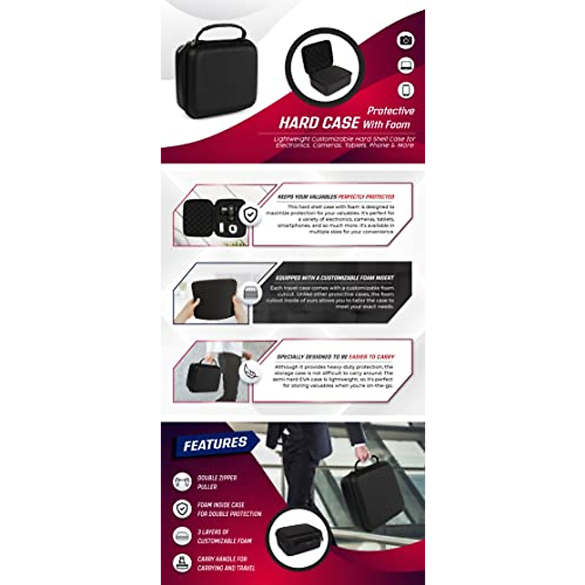 Protective Hard Case With Customizable Foam – 9.5 Inch Lightweight Hard Shell Case for Electronics, Cameras, Tablets, Phone & More – 9.5 x 7.5 x 4.75Inches