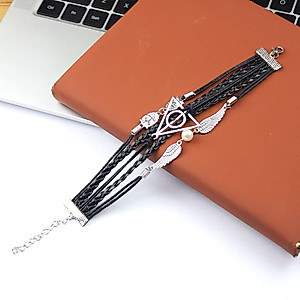 Handcrafted Harry Potter Bracelet, Antique Silver Harry Potter, Bead,Owls, Wings Charm Black Leather Bracelet Wristband Jewelry Gift