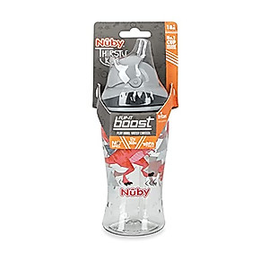 Nuby Thirsty Kids No Spill Flip-It Boost Tritan Travel Cup with Soft Silicone Straw, 12 Oz, T-Rex