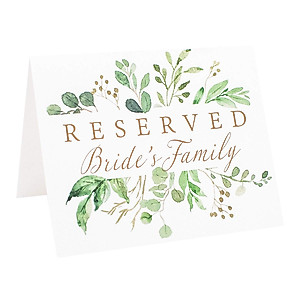 Reserved Wedding Table Sign | Set of 6 Watercolor White and Gold with Eucalyptus Greenery Signs Including Seating for Bride's Family Groom's Family and Wedding Party | Freestanding Double Sided