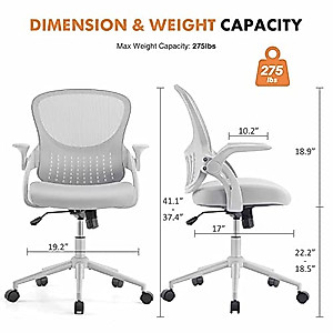 Office Chair, Ergonomic Home Office Desk Chairs, Breathable Mesh Back Lumbar Support Computer Chair, Adjustable Height Comfy Swivel Task Chair with Flip-up Arms & Wheels, Grey