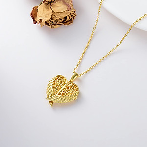SOULMEET 10k 14k 18k Solid Yellow Gold Angel Wings Heart Shape Locket Necklace That Holds 2 Pictures Personalized Letters Engraved Custom Image Locket (Custom Photo & Text)