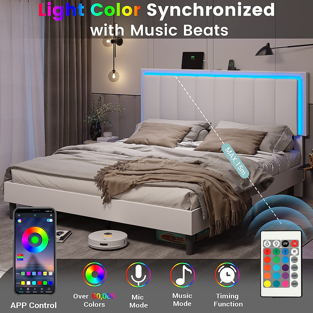 Hasuit Queen Bed Frame with Headboard and LED Light, Vegan Leather Platform Bed Queen Size with Charging Station, Upholstered Headboard Height Adjustable, Noise Free, Easy Assembly, White