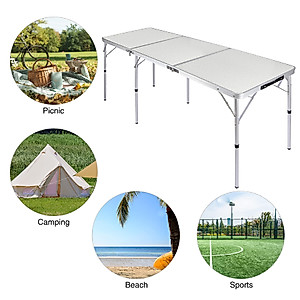 RedSwing Tri-fold 6ft Folding Table, Aluminum Outdoor Table with Adjustable Heights Legs, Portable Lightweight Camping Table for Picnic, Party, Beach, 72"x24", White
