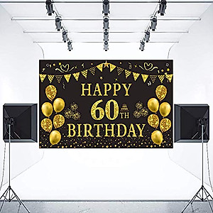 Trgowaul 60th Birthday Backdrop Gold and Black 5.9 X 3.6 Fts Happy Birthday Party Decorations Banner for Women Men Photography Supplies Background Happy Birthday Decoration