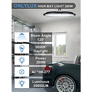 ONLYLUX UFO LED High Bay Light LED Shop Lights 200W 30000LM 100-277V 5000K IP65 High Bay LED Lighting with Plug for Garage Gym Factory Warehouse-2Pack