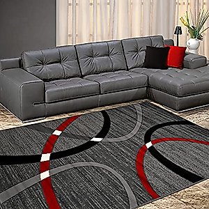 Allstar 5x7 Modern Accent Rug in Grey with Red Abstract Overlapping Curve Design (5' 2" x 7' 0")