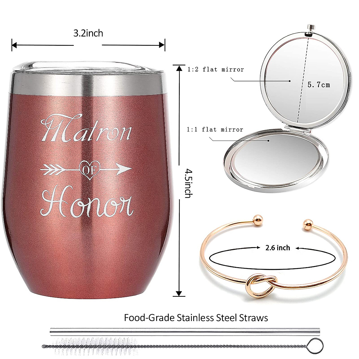 Matron of Honor Gifts Set Include 1 Stainless Steel Rose Gold Insulated Wine Tumbler 1 Champagne Makeup Mirror 1 Knot Bracelet 1 Straw and 1 brush for Bridal Shower Wedding Bridesmaid Proposal Gift