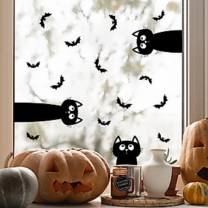 SIKERIC Halloween Black Cat and Bat Window Decals, Spooky Halloween Cat Wall Stickers, Vinyl Halloween Wall Murals, Peel and Stick Halloween Window Decor Art, Halloween Cat Window Clings Decorations