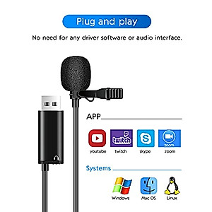 USB Lavalier Microphone, 6.6FT Onidirectional Condenser Lapel Mic with Headphones Jack for Audio Video Recording, YouTube, Interview, Tiktok, PC, Computer, Mac, Gaming, Podcasting, Live Streaming