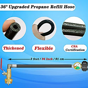 Upgraded Propane Refill Adapter Hose with Gauge and ON/Off Valve, 36" Propane Extension Refill Hose Kit, 1LB Propane Filling Hose Set with 1 LB Propane Bottle Cap, Roll Sealing Tape (Rubber)