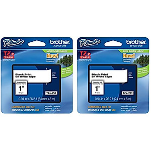 Brother Genuine P-Touch 2-Pack TZe-251 Laminated Tape, Black Print on White Standard Adhesive Laminated Tape for P-Touch Label Makers, Each Roll is 0.94"/24mm (~ 1") Wide, 26.2 ft. (8M) Long