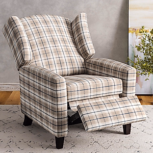 INZOY Push Back Recliner Chair, Pushback Reclining Chair with Padded Seat, Fabric Wingback Recliner for Living Room Home Theater, Plain Plaid
