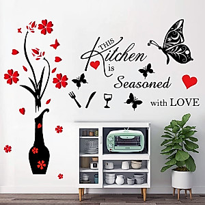 Kitchen Wall Decor Stickers Kitchen Quotes this Kitchen is Seasoned with Love Red Heart Butterfly Wall Sticker Removable Wall Decals Vase Wall Art Sticker for Dinning Room Kitchen Restaurants Home