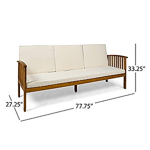Christopher Knight Home Breenda Outdoor Acacia Wood Sofa with Cushions, Teak Finish, Cream