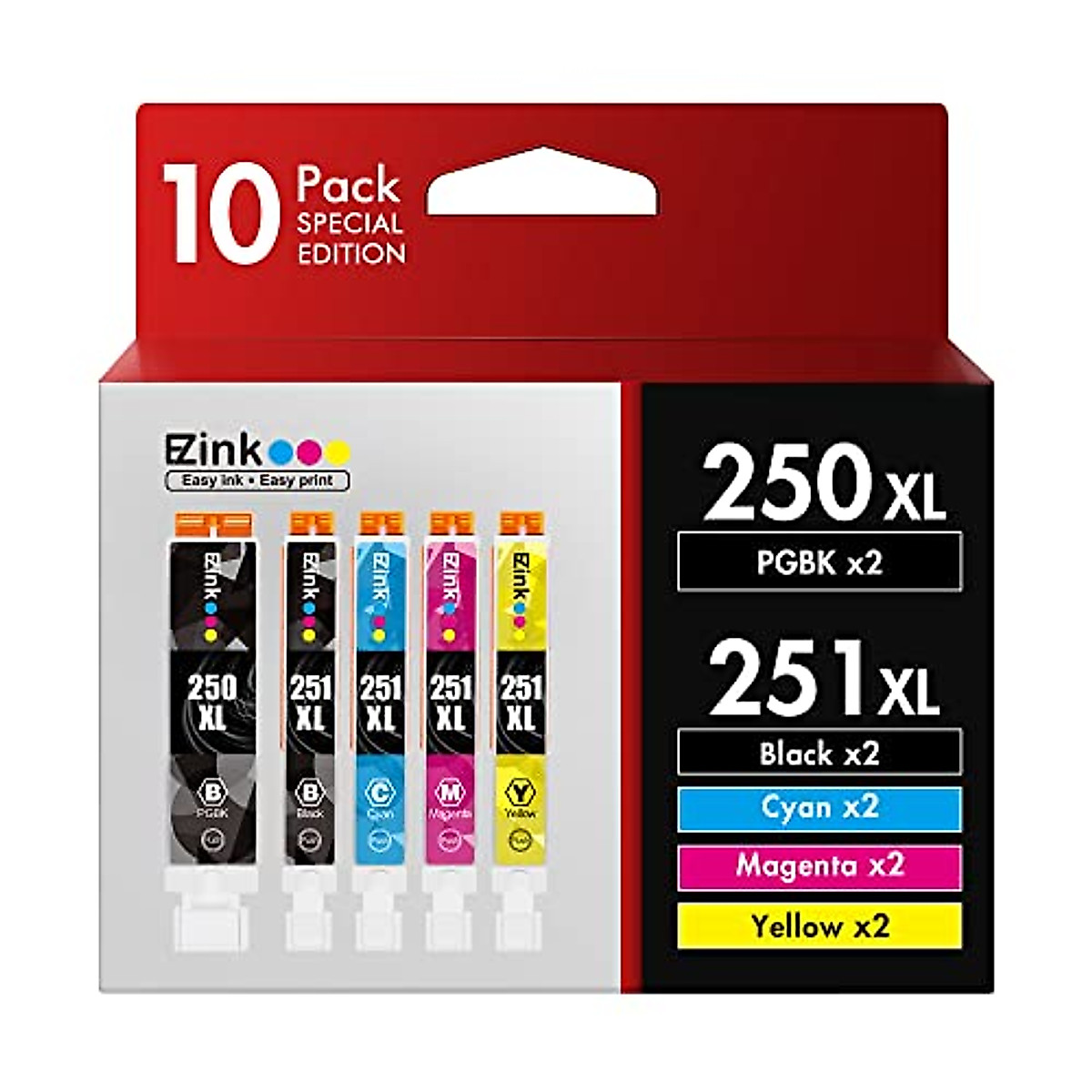 E-Z Ink (TM Compatible Ink Cartridge Replacement for Canon PGI-250XL PGI 250 XL CLI-251XL CLI 251 XL to use with PIXMA MX922 MG5520 (2 Large Black, 2 Cyan, 2 Magenta, 2 Yellow, 2 Small Black) 10 Pack