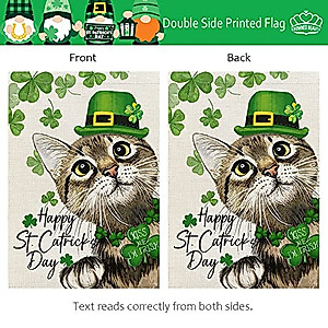 CROWNED BEAUTY Happy St Patricks Day Cat Garden Flag 12x18 Inch Double Sided for Outside Small Burlap Green Shamrocks Clovers Hat Yard Holiday Flag