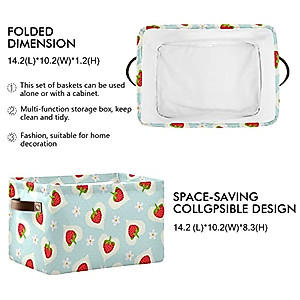 xigua Strawberry Pattern Storage Bins Foldable Fabric Storage Basket with Leather Handles for Organizing Closet, Shelves, Nursery Toy, Laundry Room (1 Pcs, 14.2" x 10.2" x 8.3")