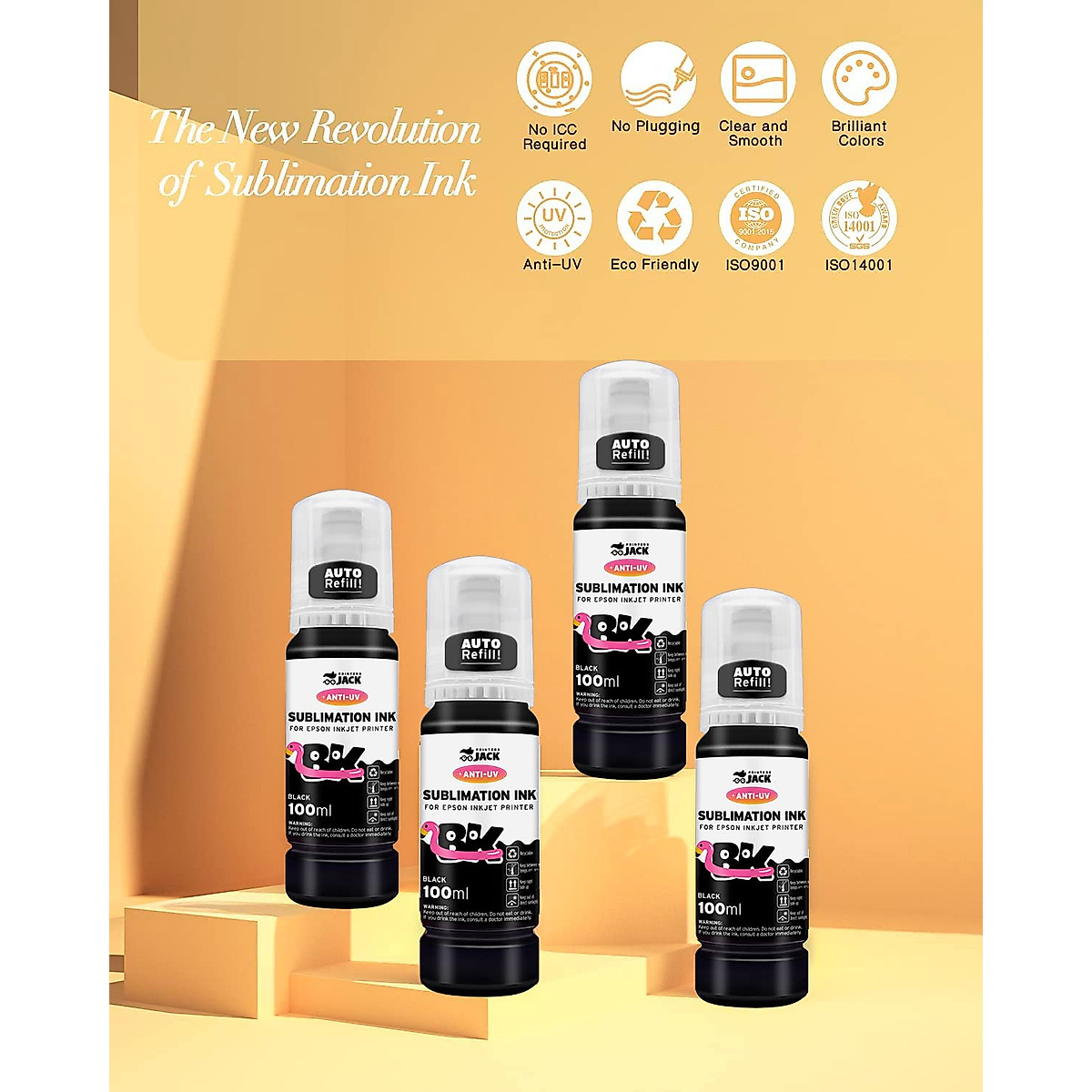 Printers Jack Black Sublimation Ink Refill for Supertank Printer ET-2720 ET-2760 ET-2750 ET-4700 ET-3760 400ml/Anti-UV/Upgrade Version/ICC-Free