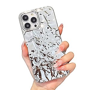 Compatible for iPhone 13 Pro Max Case Cute Luxury Designer Tin Foil Pleated Phone Cover for Women Electroplated Sparkly Silicone Protective Slim Fit Soft Case 6.7Inch (Silver Glossy-iPhone 13 Pro Max)