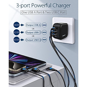 TWOPAN 65W USB C Charger Block, 3-Port Foldable GaN Fast Charger for iPhone 16/15/14, Vision Pro, MacBook, iPad, XPS, Switch, Steam Deck, Galaxy S24/25, Pixel