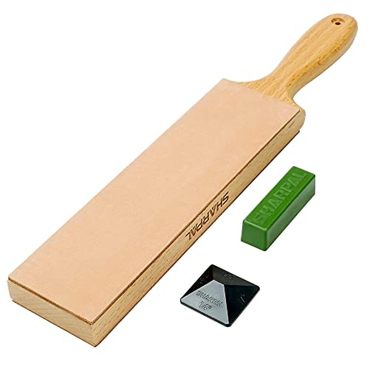 SHARPAL 205H Double-sided Leather Strop (Genuine Cowhide) 13.2" x 2.4" Kit with 2 Oz. Polishing Compound & Angle Guide, Knife Stropping Block for Sharpening & Honing Knives, Woodcarving Chisels