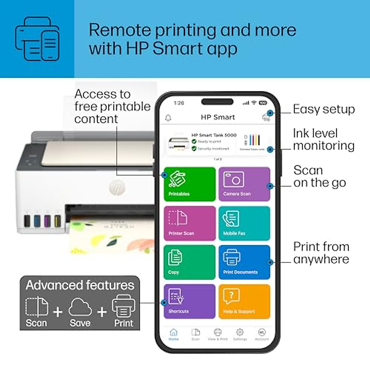 HP Smart-Tank 5000 Wireless All-in-One Ink-Tank Printer with up to 2 years of ink included, mobile print, scan, copy, white, 17.11 x 14.23 x 6.19