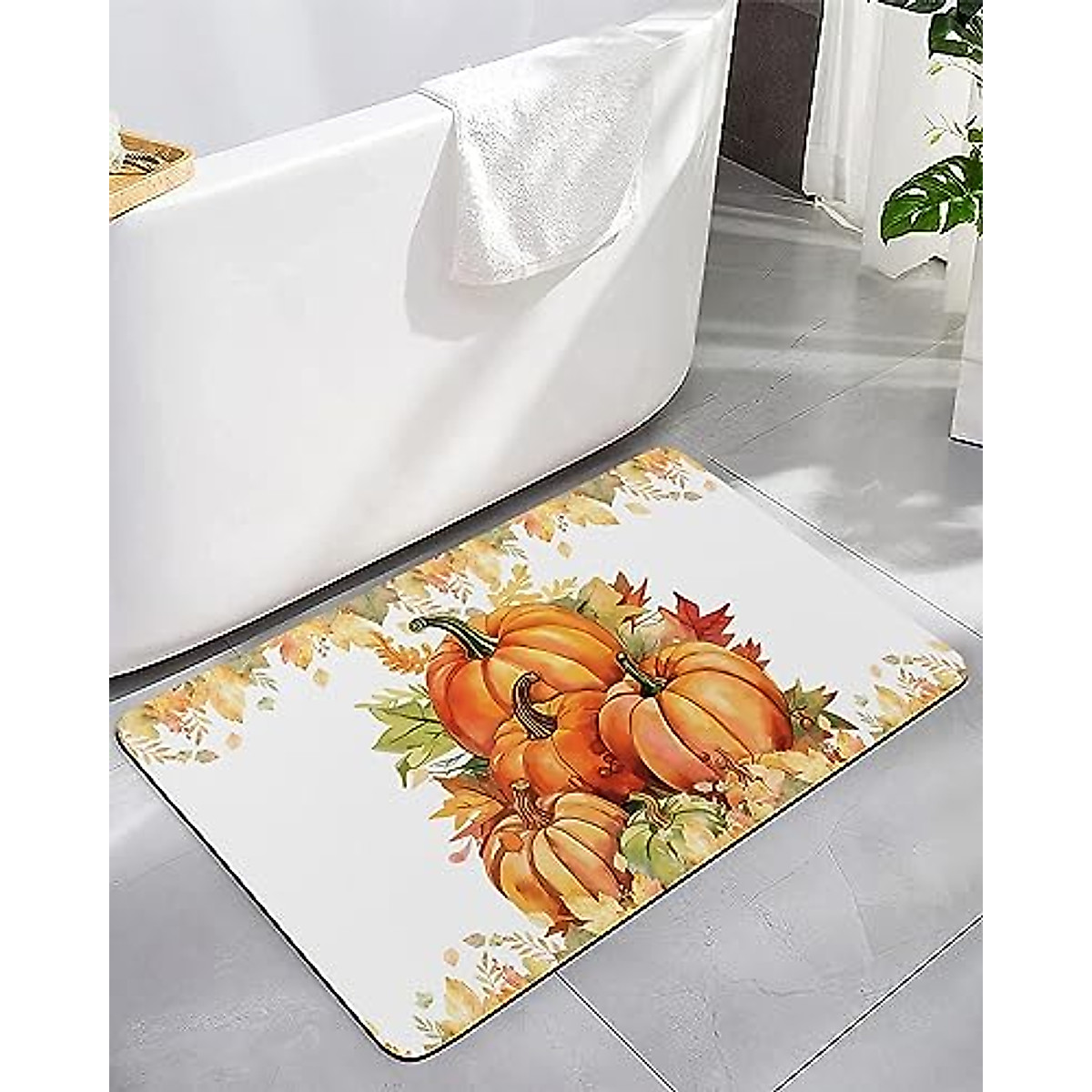Autumn Pumpkins Bath Mat for Tub,Non Slip Bathroom Floor Runner Rug Quick Dry & Absorbent Diatomaceous Earth Kitchen Room Shower Sink Washable Doormat,Thanksgiving Eucalyptus Maple Leaves 18"x30"