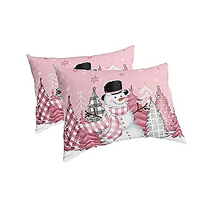 Pink Snowman Pillowcases Standard Size Christmas Pillow Covers Set of 2, Soft Snowflake Winter Throw Pillow Case with Envelope Closure Xmas Tree Decorative Bed Pillow Shams for Bedroom Sofa Couch