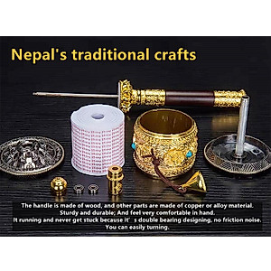 Copper Large Hand Held Prayer Wheel with Tibetan Buddhist Six-Character Truth Premium Buddha Scriptures, Wooden Handle Prayer Wheel for Praying, Blessing, Meditation, Healing, Relaxing, Yoga