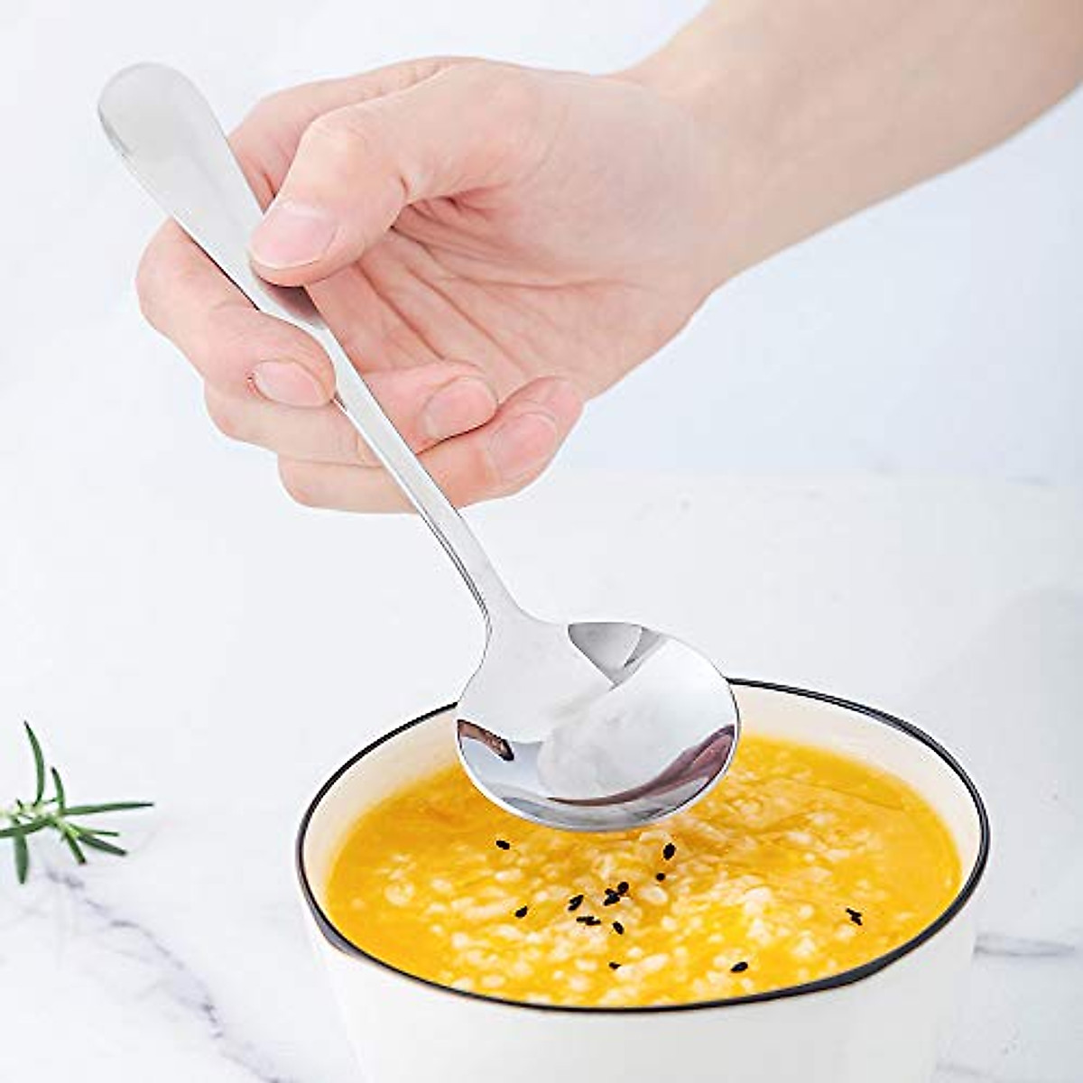 HAPPY KIT Soup Spoons, 8-Piece Premium Soup Spoons Stainless Steel Large Round Spoons, Heavy-Weight Round Deep Bowl Spoons Set Flatware Set