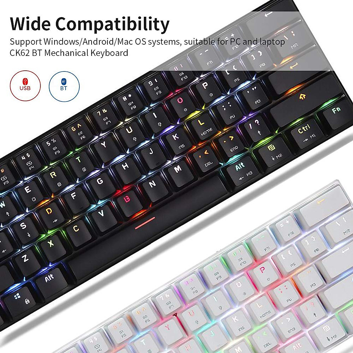 Motospeed CK62 61 Keys RGB Mechanical Keyboard USB Wired BT Dual Mode Gaming Keyboard Pink with OUTEMU Red Switches