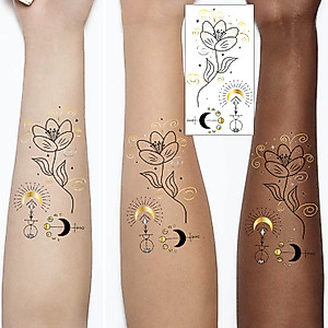 Glaryyears Metallic Gold Temporary Tattoo for Women Adults, 18-Pack Long-lasting Tiny Size Realistic Tattoos, Variety Pack Cute Floral Fake Tattoos, Makeup for Face Body Hand Arm Neck Party