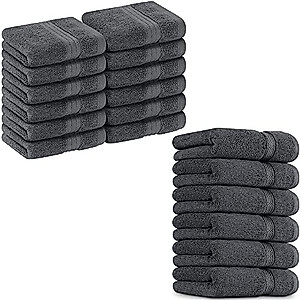 Utopia Towels Premium Bundle - Cotton Washcloths Greyk (12x12 inches) Pack of 12 with Grey Hand Towels 600 GSM (16 x 28 inches), Pack of 6