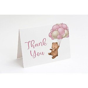 The Invite Lady Bear Baby Shower Thank You Cards Watercolor Bearly Wait Teddy Bear Pink Girl Sprinkle Balloons Printed Cards (24 Count)