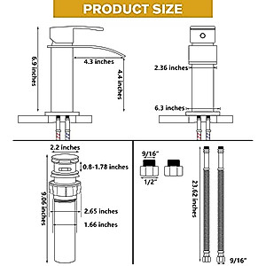 KZH Waterfall Bathroom Faucet,Single Handle Bathroom Sink Faucet for 1 or 3 Hole Washbasin Faucet Rv Vanity Faucet with Deck Plate, Pop-up Drain and Supply Hoses Matte Black