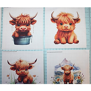 6 Piece 6"x6" Cute Baby Highland Cows 100% Cotton Fabric Panel Squares - Quilting Panel Blocks