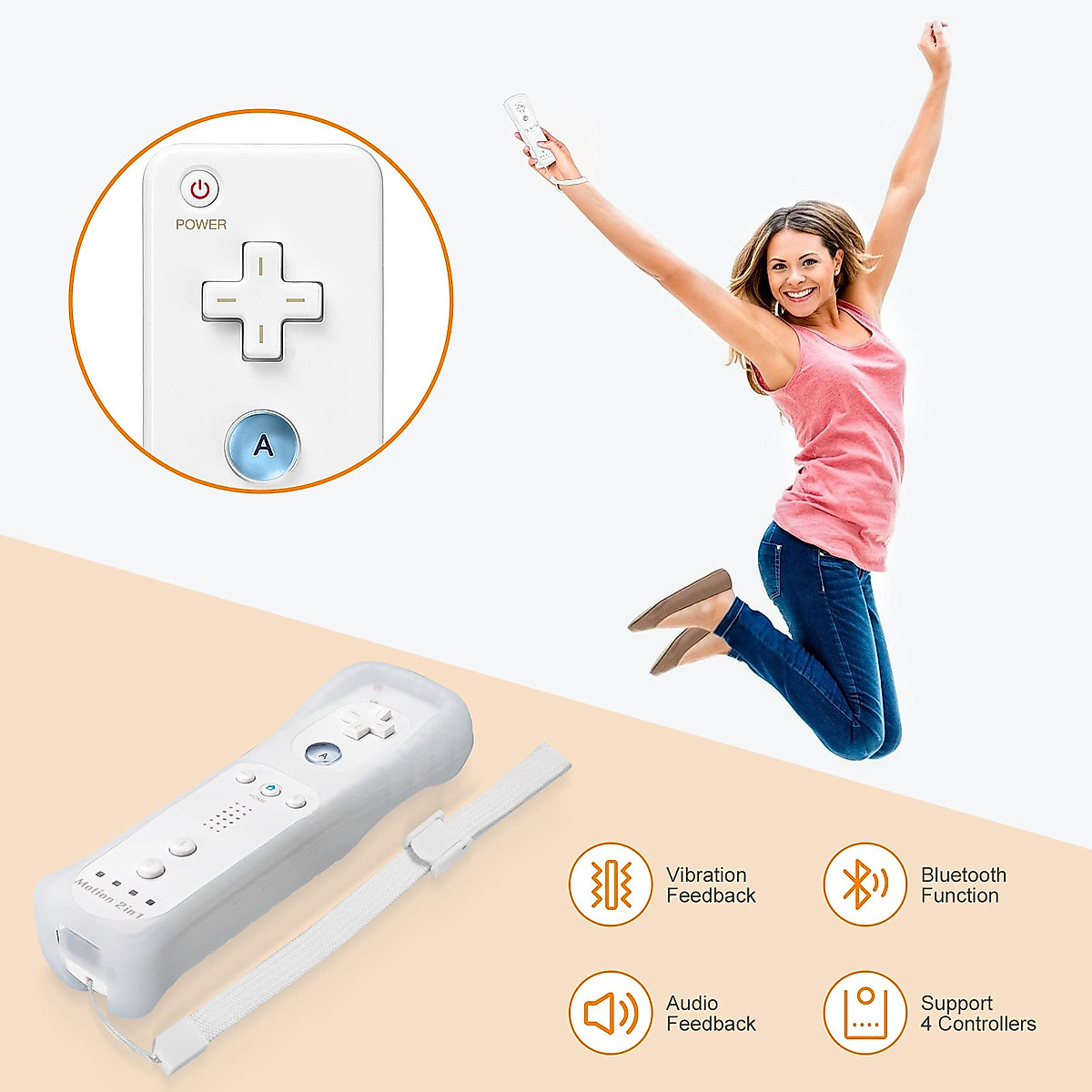 LORDONE Wii Remote Controller, Wireless Game Wii Remote with Motion Plus for Nintendo Wii and Wii U, with Silicone Case and Wrist Strap (2-Pack, White)