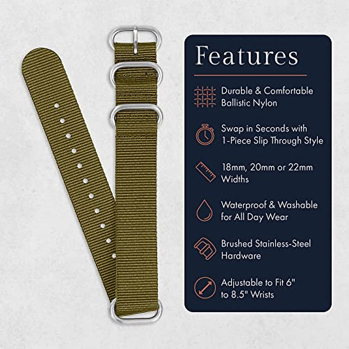 Benchmark 18mm Army Green Nylon Watch Band - One Piece Waterproof Ballistic Nylon - Slip Through Military Style Zulu Watch Strap for Men & Women