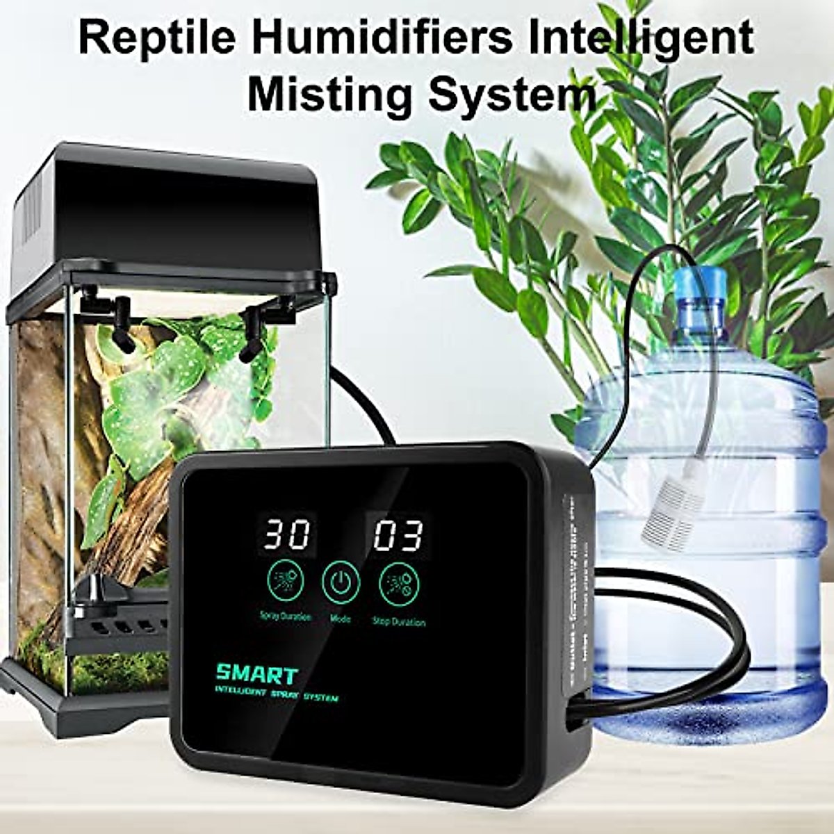 Reptile Fogger Automatic Reptile Mister Fogger for Terrarium, Reptile Humidifiers with Timer Amphibians Intelligent Humidifier with 360°Adjustable Misting Nozzles for Chameleon/Lizard/Snake/Turtle etc