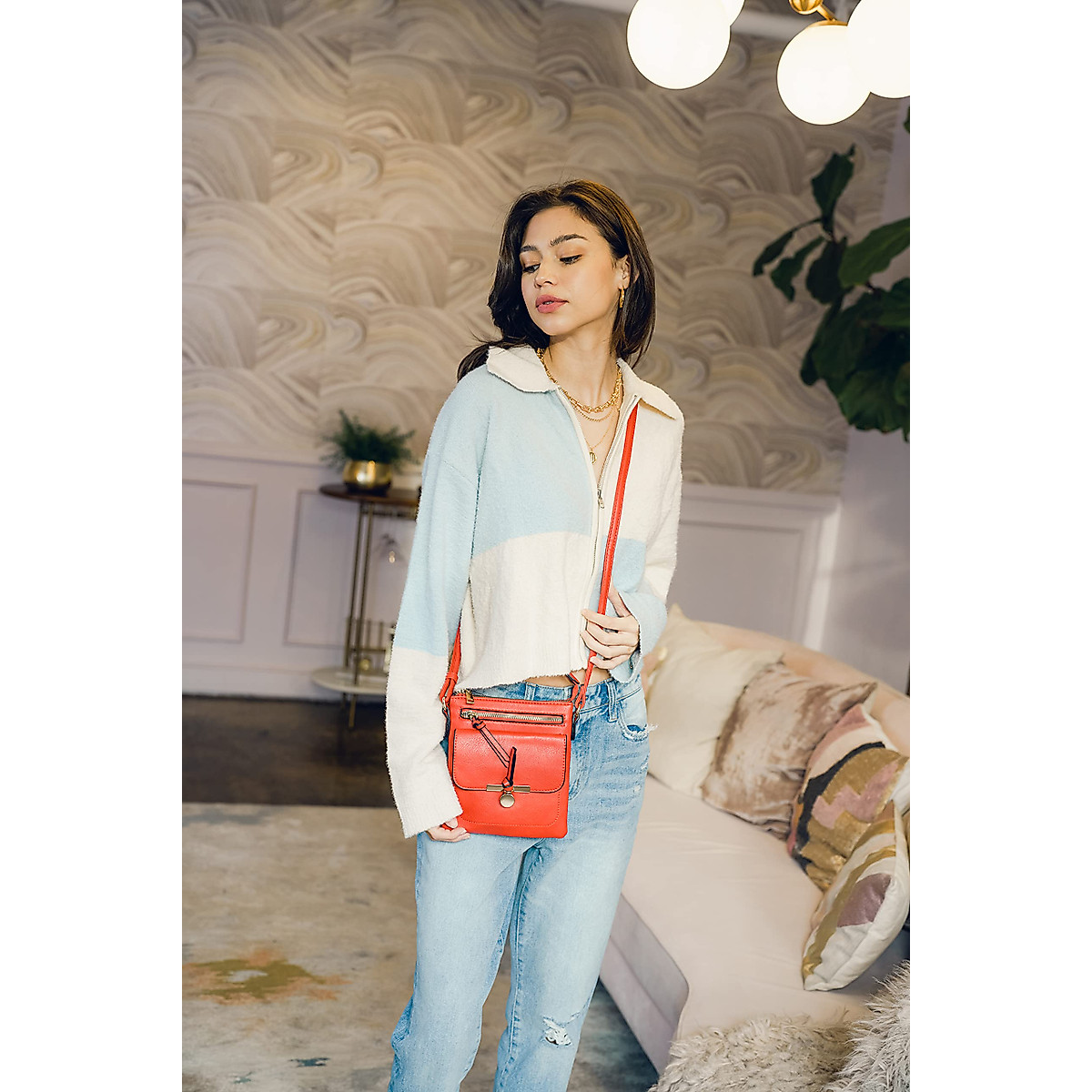 V+BENIE Gold Button Small Crossbody Bag, Brown