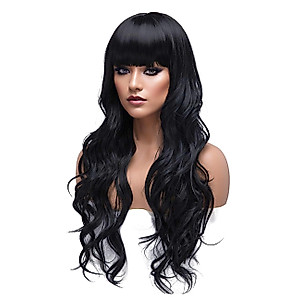 BESTUNG Long Curly Wavy Wigs for Women Ladies Synthetic Full Hair Natural Black Brunette Wig with Straight Bangs for Daily Wear (Straight Bangs, Black)