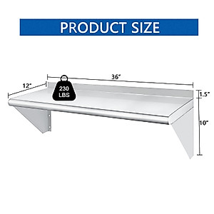 HARDURA Stainless Steel Shelf 12" x 36", 230lb Commercial Shelves Wall Mount Metal Shelving with Backsplash and Brackets for Kitchen, Restaurant, Laundry Room and Home