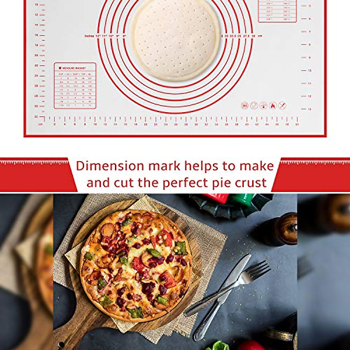 Silicone Baking Mat Non Slip Pastry Mat with Measurement Non Stick BPA Free Baking Mat Sheet for Rolling Dough Counter Cookies Pie, 24 x 16 Inches Red (with 1 Dough Scraper)
