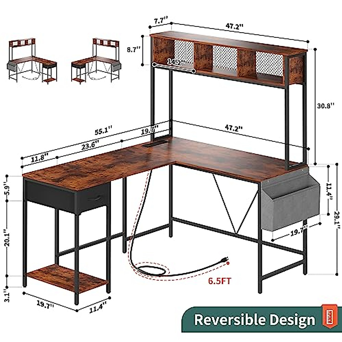 Yoobure L Shaped Desk with Power Outlet, Reversible L Shaped Computer Desk with Storage Shelf and Drawer, Corner Desk with Storage Bag, 2 Person Home Office Desk, Industrial Gaming Desk with USB Ports