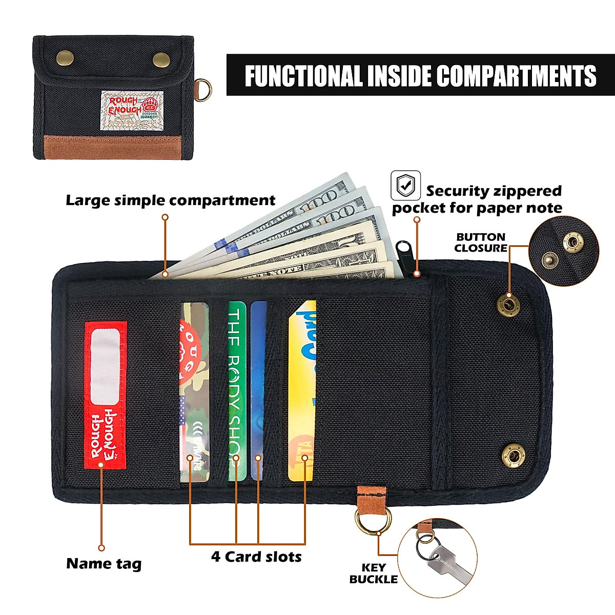 Rough Enough Boys Wallet for Teen Boys Men Kids with Neck Lanyard Keychain Button Closure in Classic Vintage Stylish Black