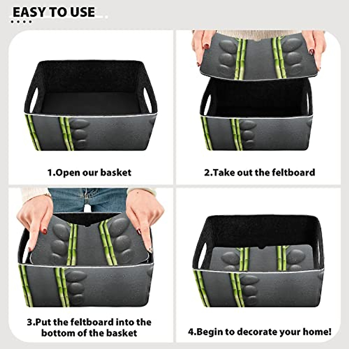 Poeticcity Black Zen Basalt Stones with Dew Green Bamboo on Dark 2 PCs Collapsible Felt Cloth Storage Box, Rectangular Desk Organizer Basket Bin, Detachable Laundry Hamper Counter Holder Box